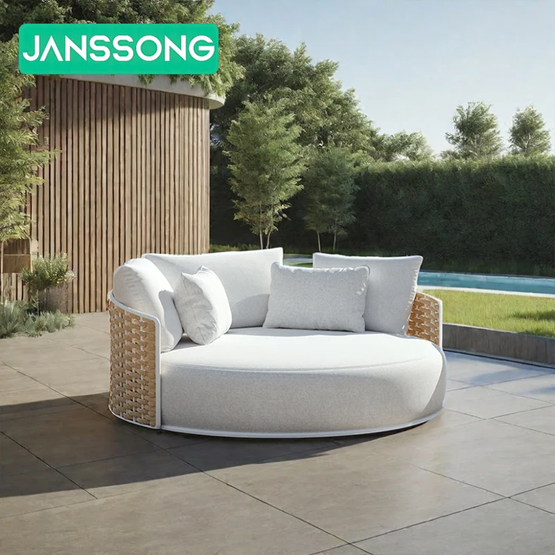 Hotel Round Rattan Sunbed Aluminum Daybed With Waterproof Sponge Seat ...