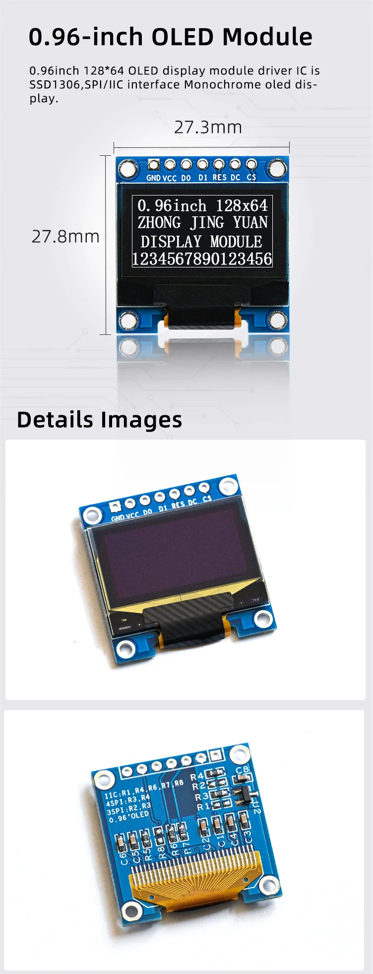0.96 Inch Oled Display Module 128x64 Driver Ic Is Ssd1306 Spi/iic/parallel Interface Monochrome ...