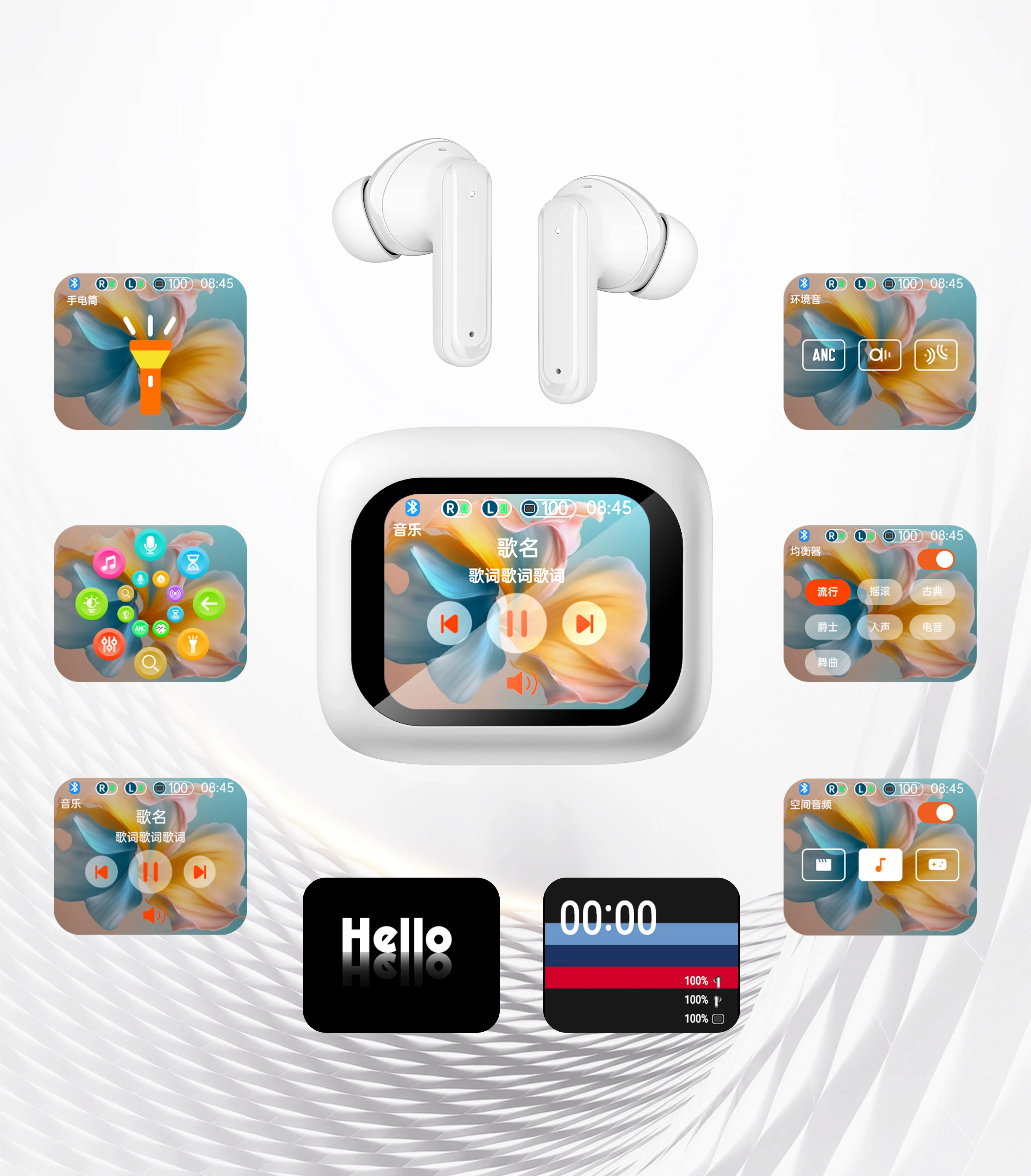 V10 Anc/enc Noise Cancelling Full-color Touch Screen Earphones With Ipx4 Waterproof And Dual ...