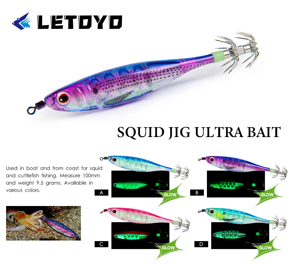 LETOYO Luminous Squid Jig ULTRA BAIT Crystal Squid Jig Shrimp Lure 10cm 9.5g Internal Glow-in ...