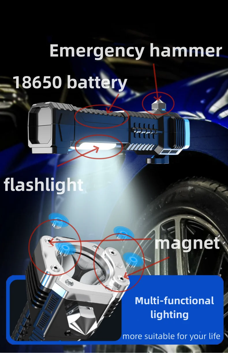 Multi-functional Led Torch Flashlights With Safety Hammer Cob 18650 ...