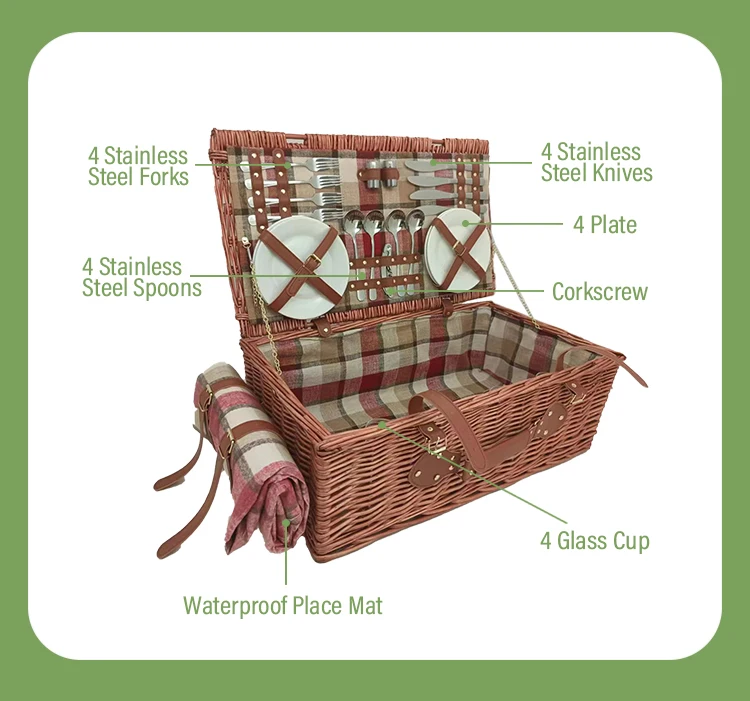 Handmade Natural Rattan Wicker Picnic Basket Set For 4 Person And ...