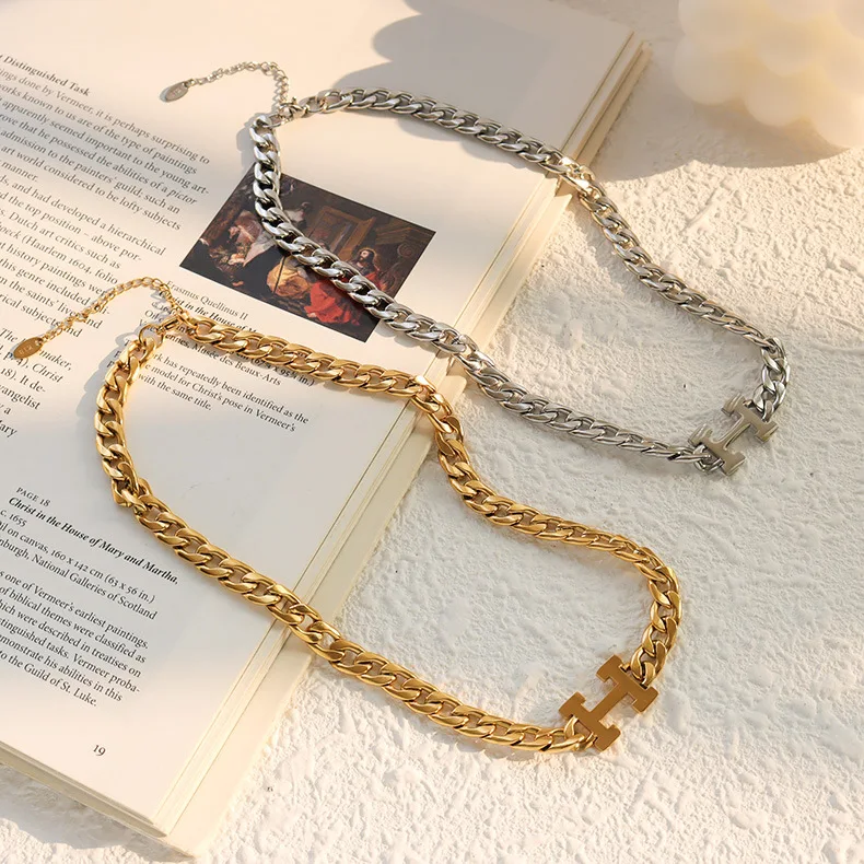 Stainless Steel Thick Chain Letter H Pendant Necklace For Women Toggle ...