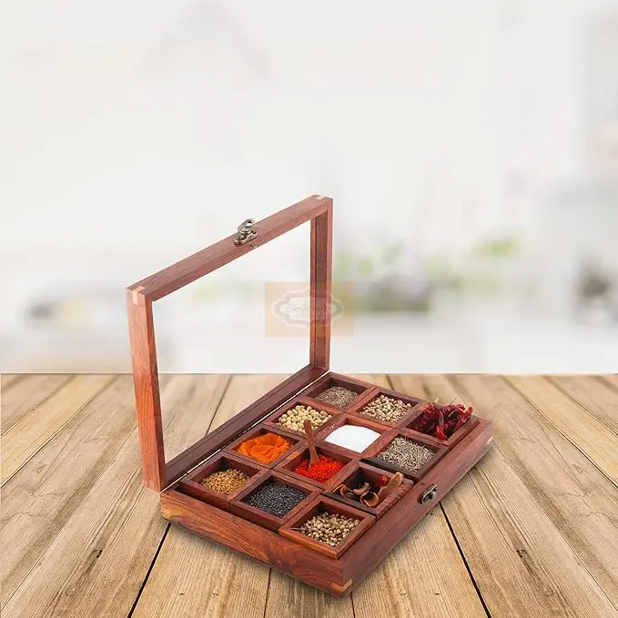 Square Spice Box Kitchen Wood Spice Box Container Wooden Storage Box ...