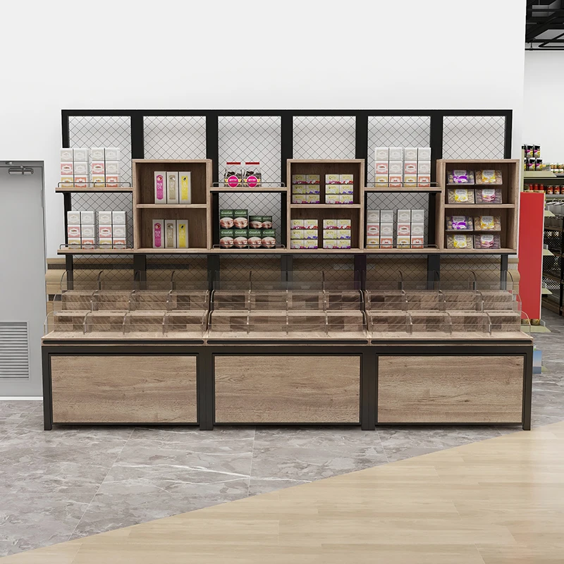 Supermarket Metal and Wood Frame Shelves for Bulk Food