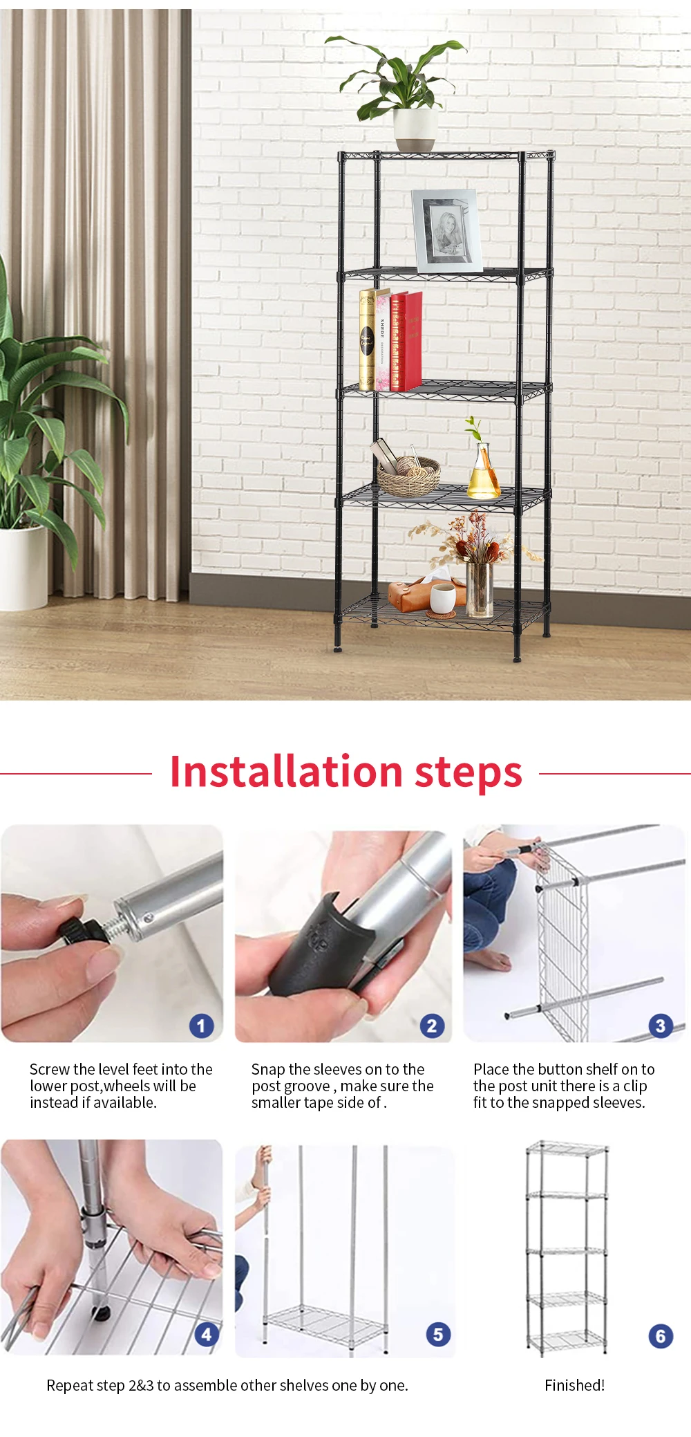 Hight Quietly Height Adjustable Metal Shelving 3/4/5 Tier Wire Shelving ...