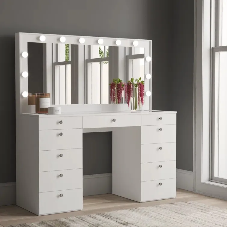 Multifunctional Bedroom Dressing Table with Mirrored Drawers