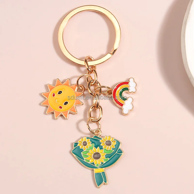 Custom Cute Enamel Keychain Sun Rainbow Dress Heart Key Ring Flower Key ...