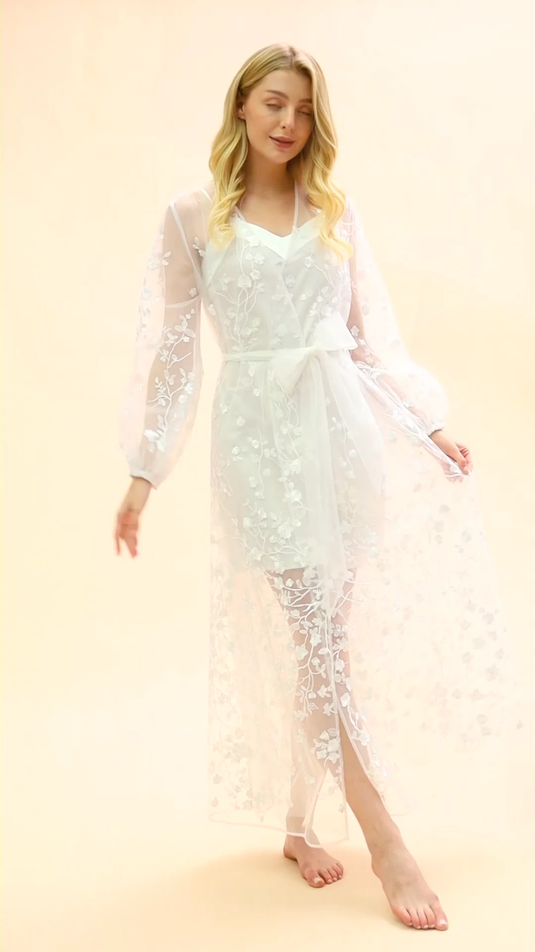 Yanzi Long Sleeves Sheer Robe With Luxurious Floral Embroidery ...