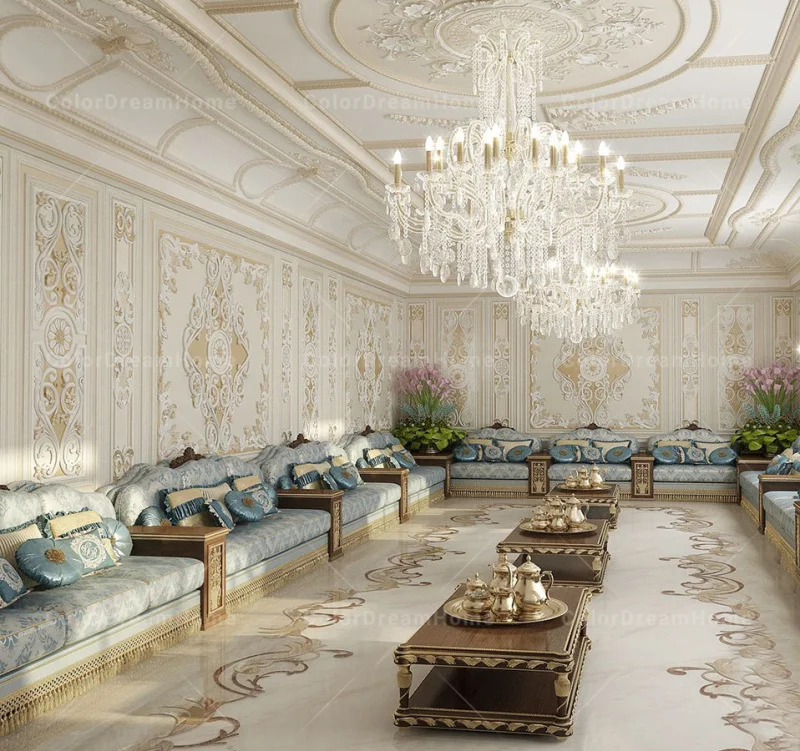 Classic Arabic Majlis Floor Seating - Antique Wood Frame Sofas