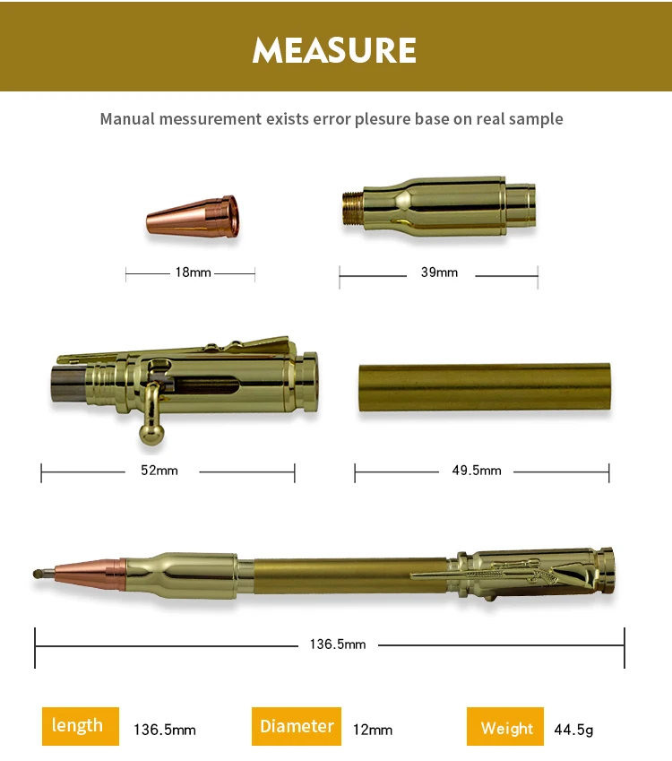 Woodturning Gun Metal Bolt Action Bullet Ballpoint Ink Gold Pen Clip ...