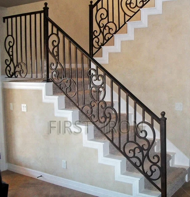 Dog leg forged iron staircase handrail design, wrought iron interior ...