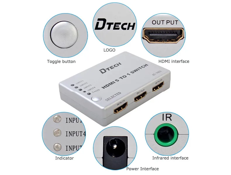 Dtech 4k 30hz Hdmi Selector Box Ir Remote Hdmi 5x1 Switcher With Audio ...