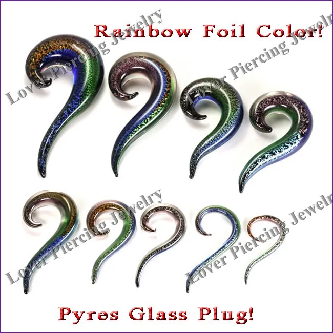 [GB-127] Pyrex Glass Ear Plugs Rainbow Foil Color Spiral Piercing ...