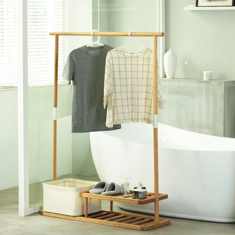 Custom Wooden Coat Hanging Rack With Portable Laundry Basket Bamboo ...