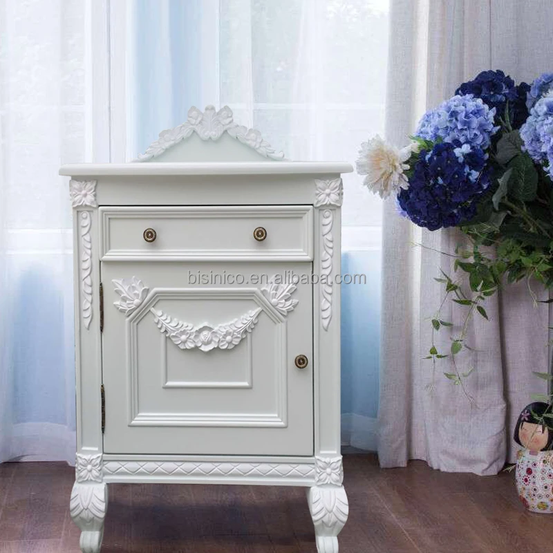 French Provincial Wooden Hand Carved White & Blue Nightstand Table ...