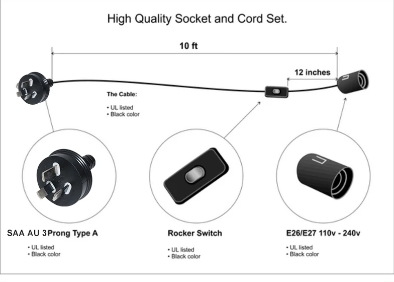 Australia Himalayan Bulb Cord SAA Certificate Salt Lamp AU 2Pin Plug With 303 Switch to E27 ...
