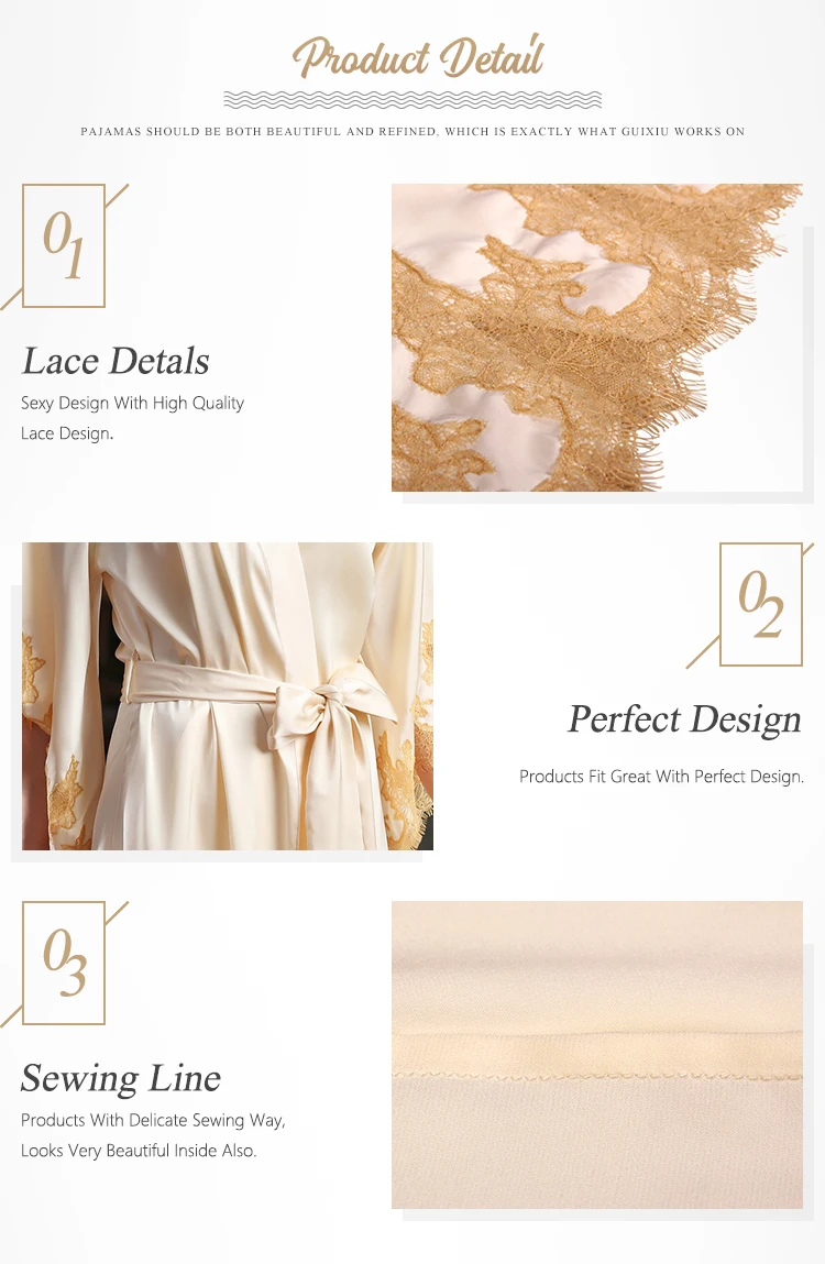 Luxury Women's Robes with Light Golden Silk Lace Embroidery