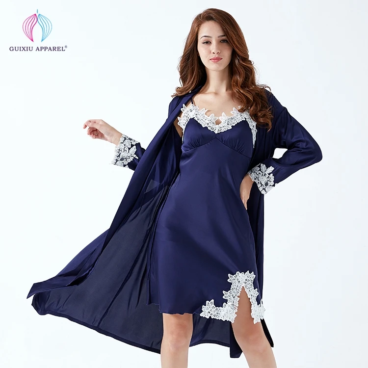 Lace Sleeves Trimmed Womens Dark Blue Silk Satin Robes - Buy Blue Silk ...