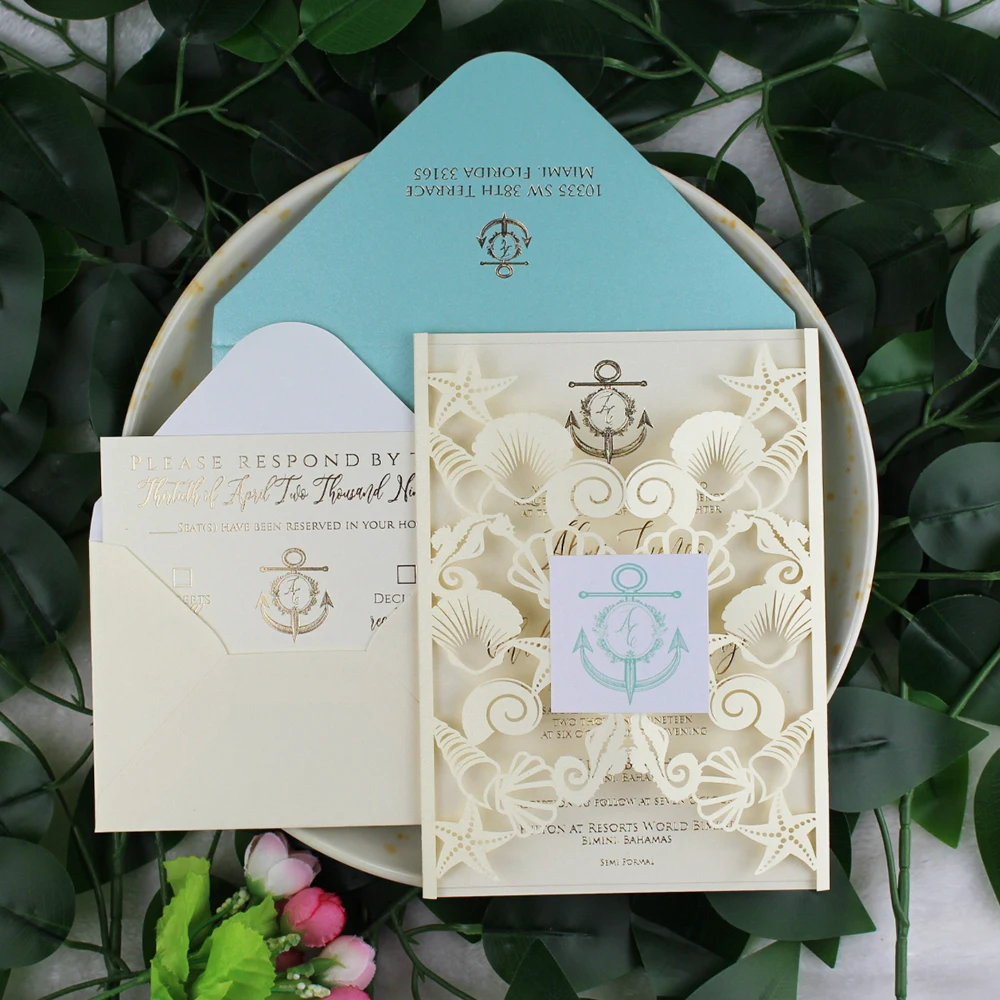 Light Blue Customized Printable Laser Cut Seahorse Shell Wedding ...