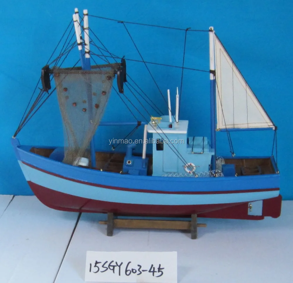 Wooden Crab Boat Model With 2 Fishing Nets,Blue 45x14x37cm,Fishing ...