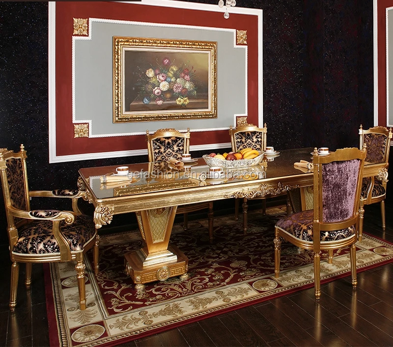 OE-FASHION luxury gold color wood carving Villa rectangular dining ...