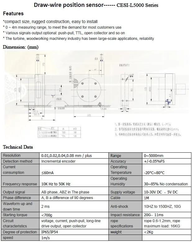 RS422 RS485 output 0.5m/1m/2m/3m/4m draw wire encoder displacement ...