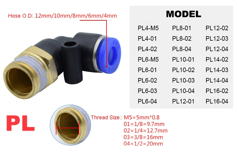 PL6-02 BSP 1/4" 6MM Tube Push in Joint 90 Degree Elbow