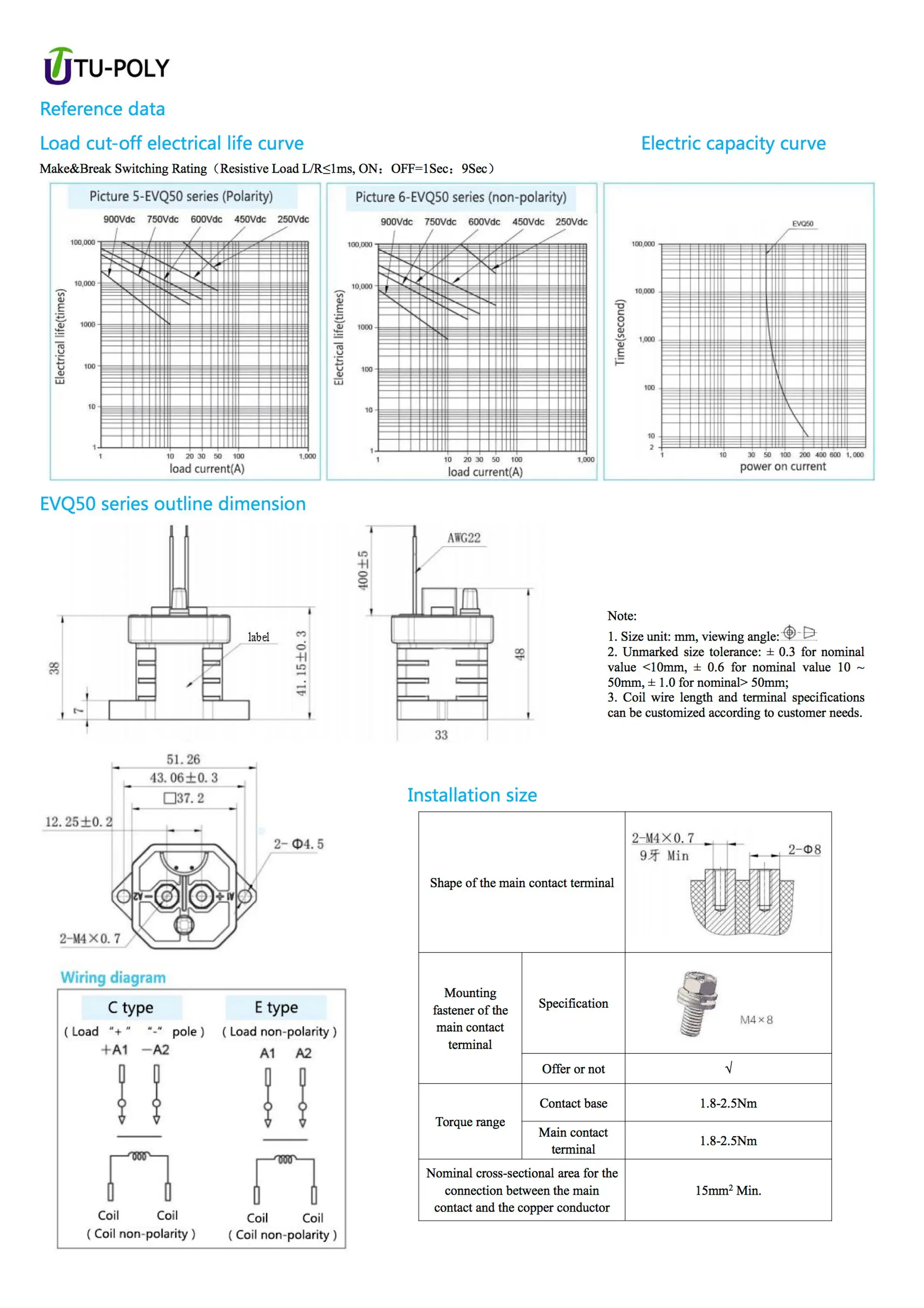 EVQ50 DC Contactor High Load Current High Voltage EVQ50 450Vdc 50A 50 ...
