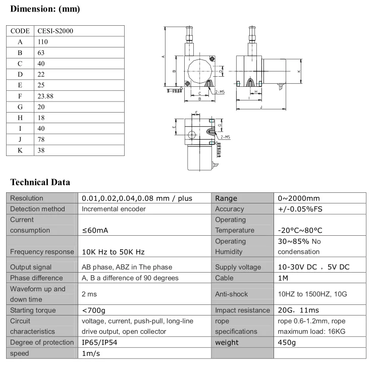 CALT CESI-P Draw Wire Encoder - Precision Displacement Sensor