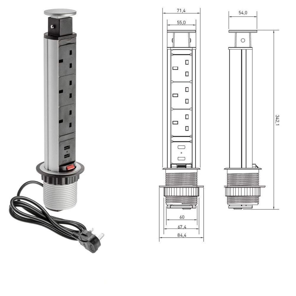 Pull Pop Up Electrical Uk Plug Socket Kitchen Desk Worktop Lead Usb ...