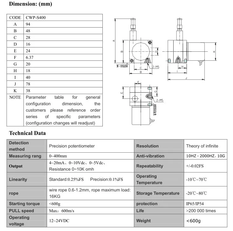 Cwpseries Draw Wire Rope Displacement Sensor - 400/500/800mm