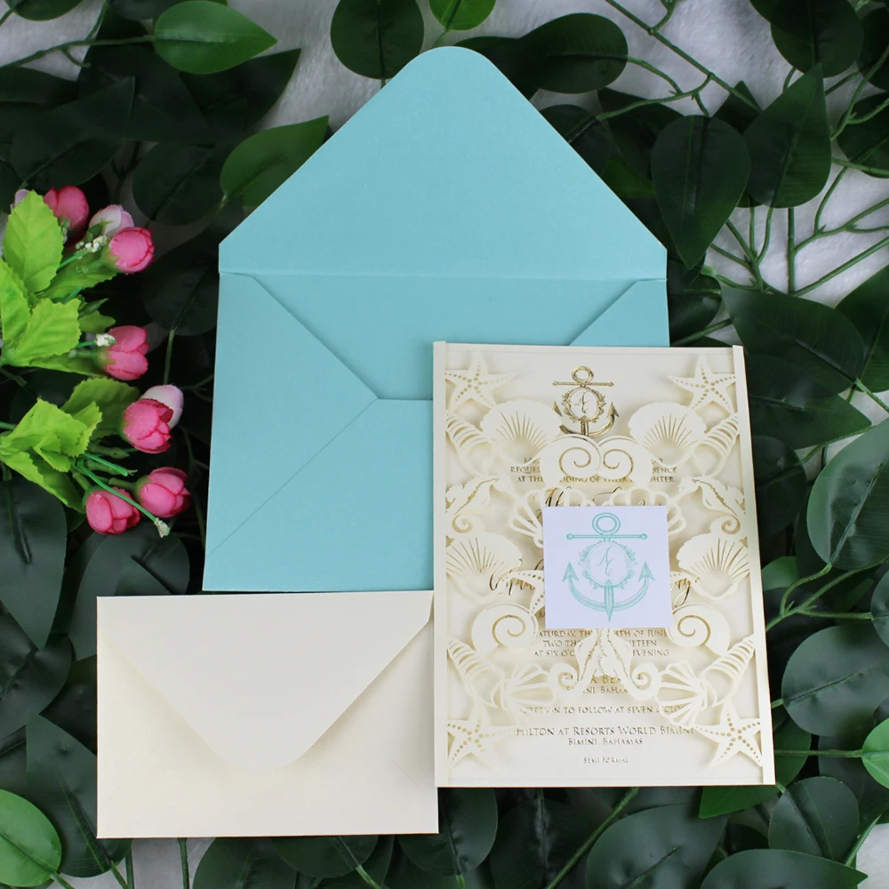 Light Blue Customized Printable Laser Cut Seahorse Shell Wedding ...