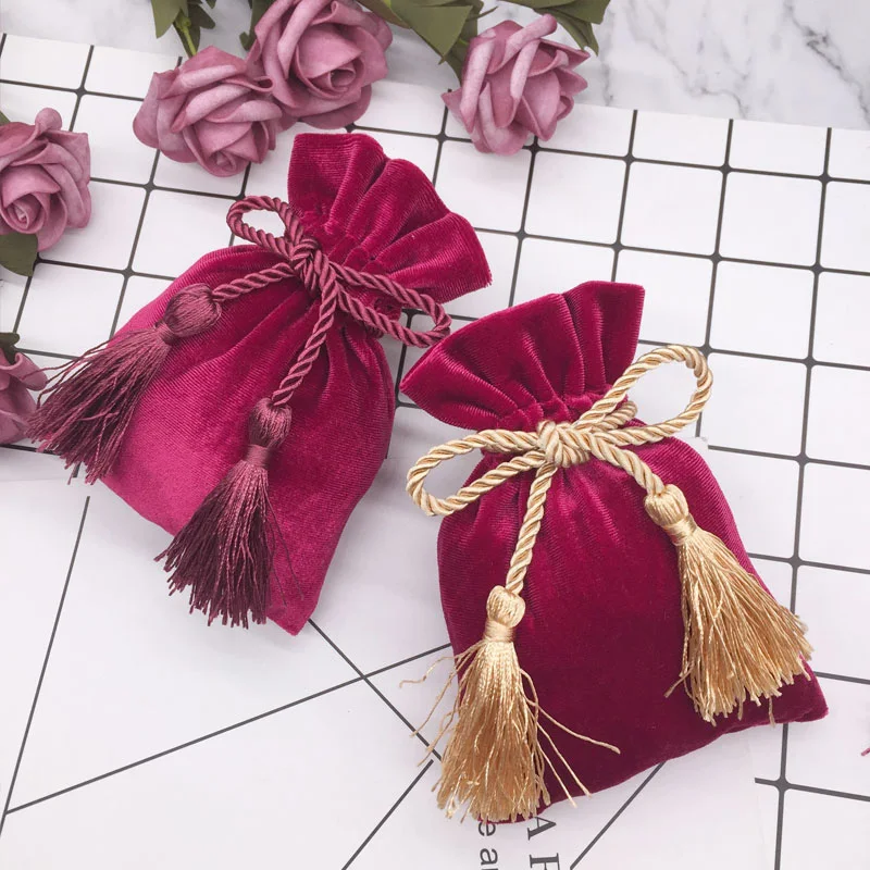 Custom Logo Velvet Bags With Tassel Drawstring Pouches Jewelry Bag ...