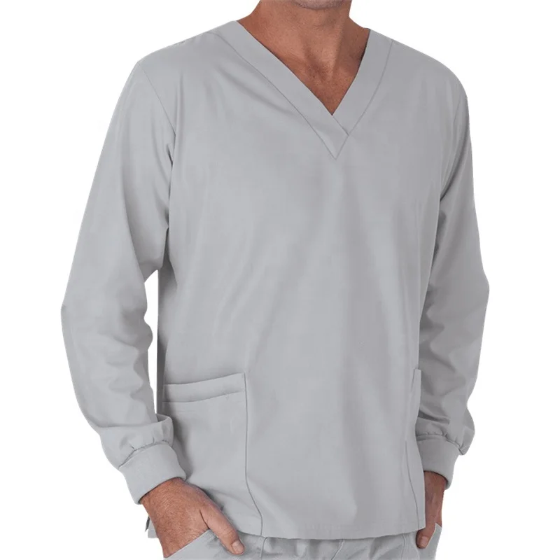 Unisex Custom Made Nurse Scrub V-neck Multi Pockets Unisex Long Sleeve ...