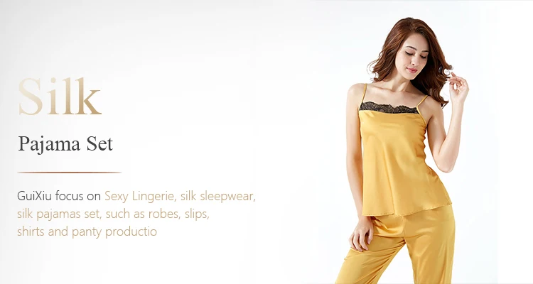 Family Silk Satin Yellow 2 Piece Pajama Set Yellow Lace Satin Sleepwear ...