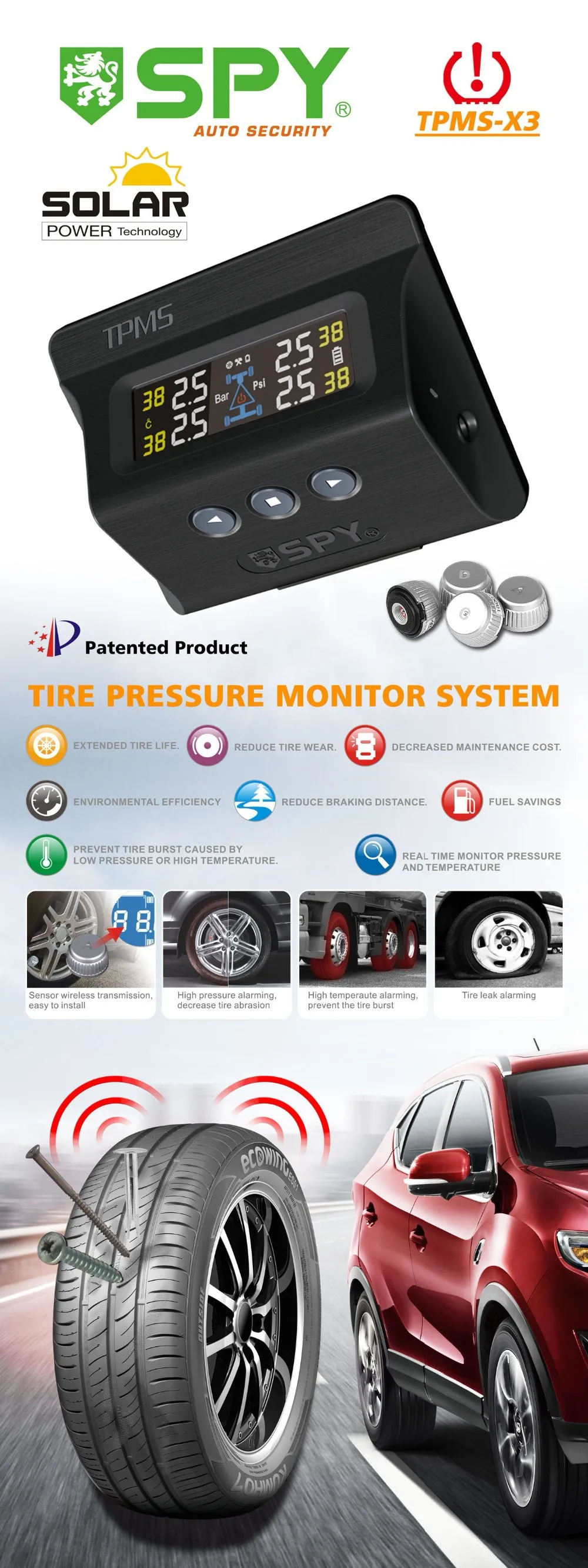 SPY Internal Wireless External Smart Tyre Tpms Universal Tire Pressure ...