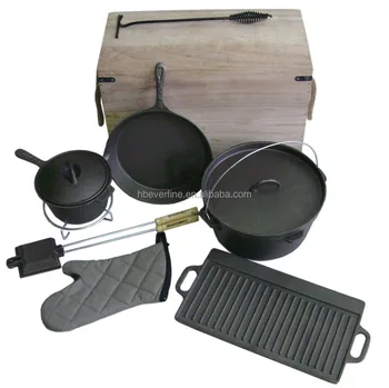 Cast Iron Camping Cookware Set In Wood Box - Buy Cookware Set,Camping ...