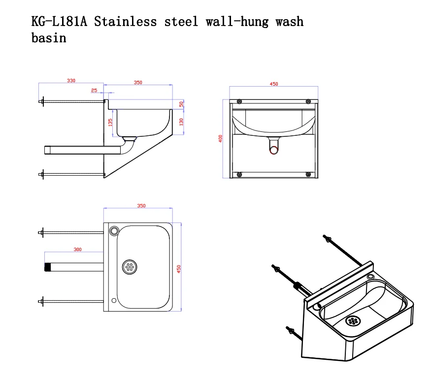 304 Stainless Steel Wall Hung Hand Basin - Vandal Resistant