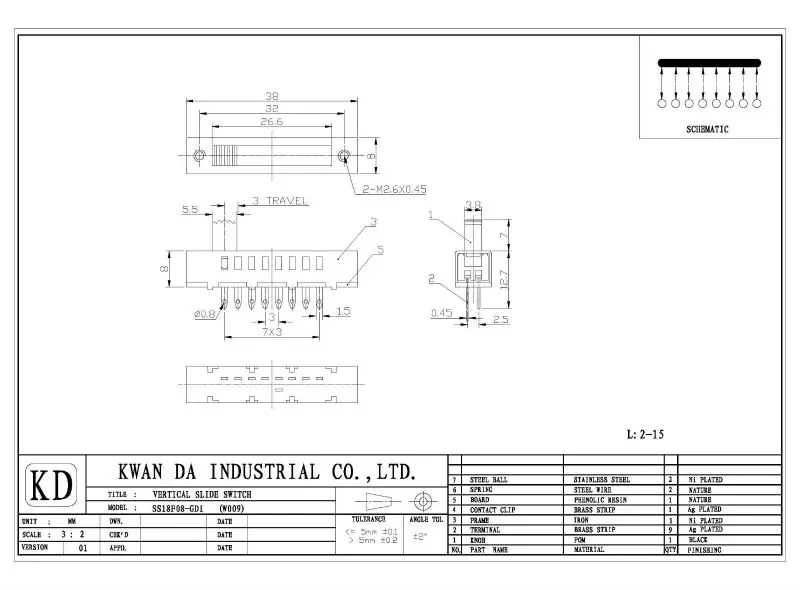1P8T Vertical Slide Switch - 10,000 Cycles Mechanical Life