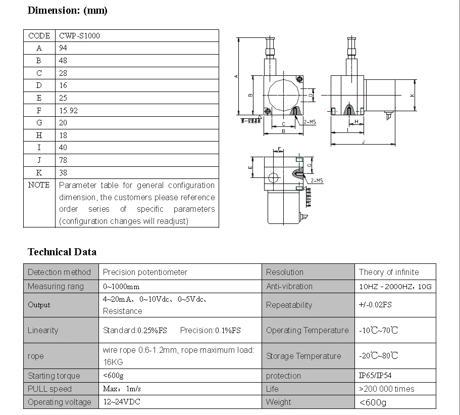 500mm 1000mm Measuring Range Draw-wire Encoder Displacement Rope Sensor ...