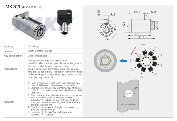 MK209 Round Cylinder Metal Cabinet Cam Lock with Master Key