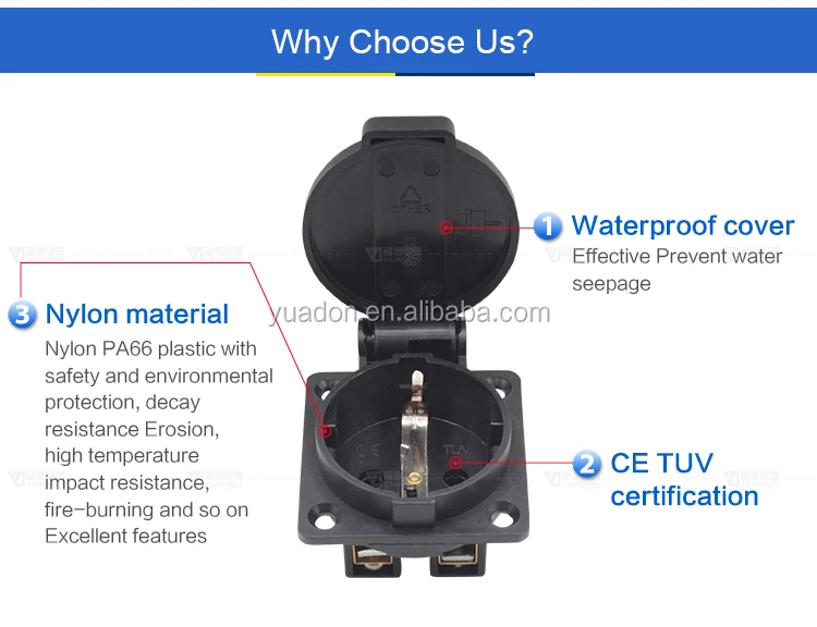 For YUADON YD-001S-1 EU Germany 16A Industrial Waterproof Power Socket Outdoor IP44 Wall Socket ...