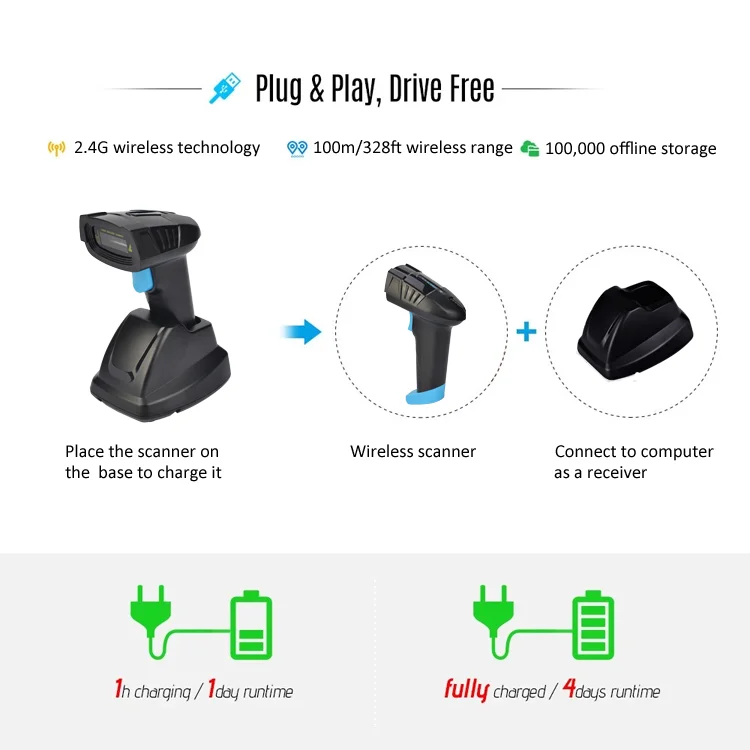 YHDAA YHD-6100DW 2D Wireless Barcode Scanner - Reliable & Portable