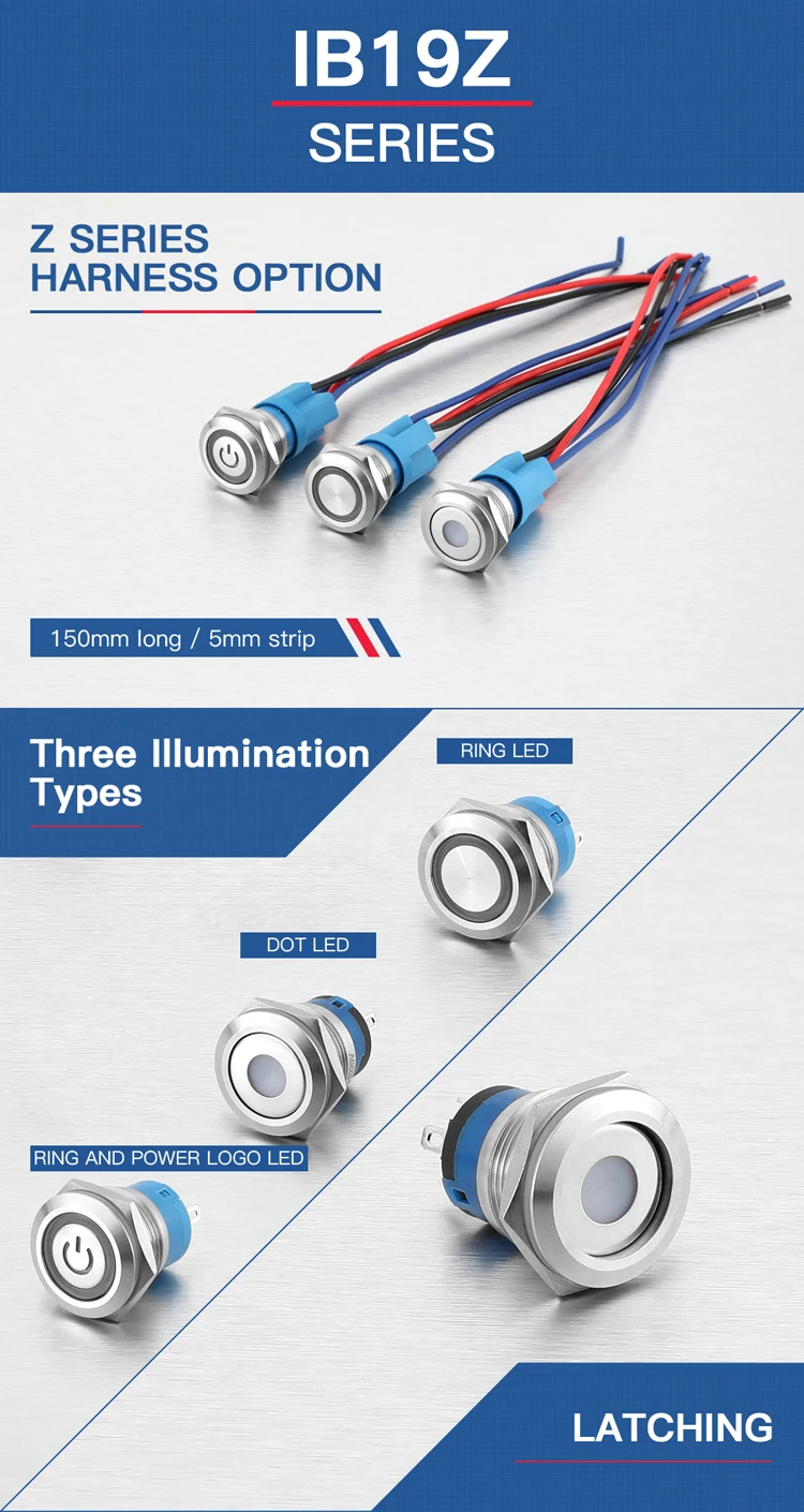 22mm Latching Switch1no1nc Ring Led 5pin Illuminated Ip67 Momentary ...