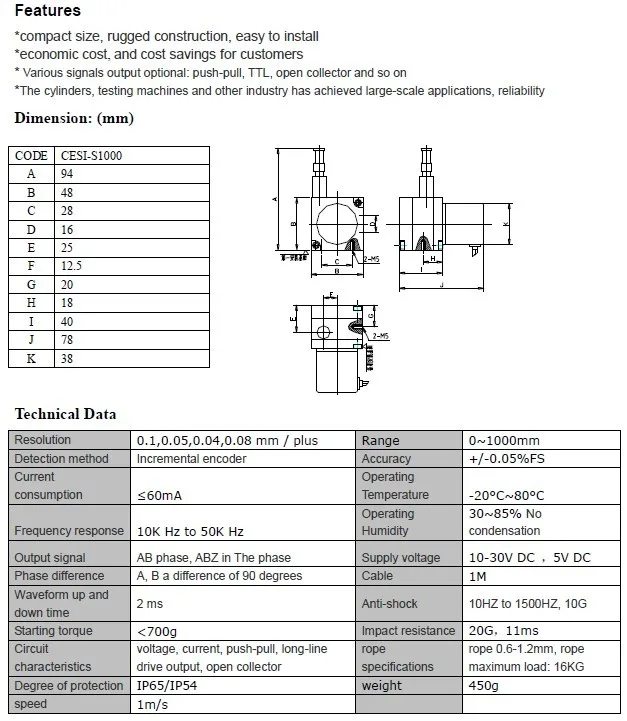 CALT CESI-S1500 Draw Wire Position Sensor for Intelligent Forklifts