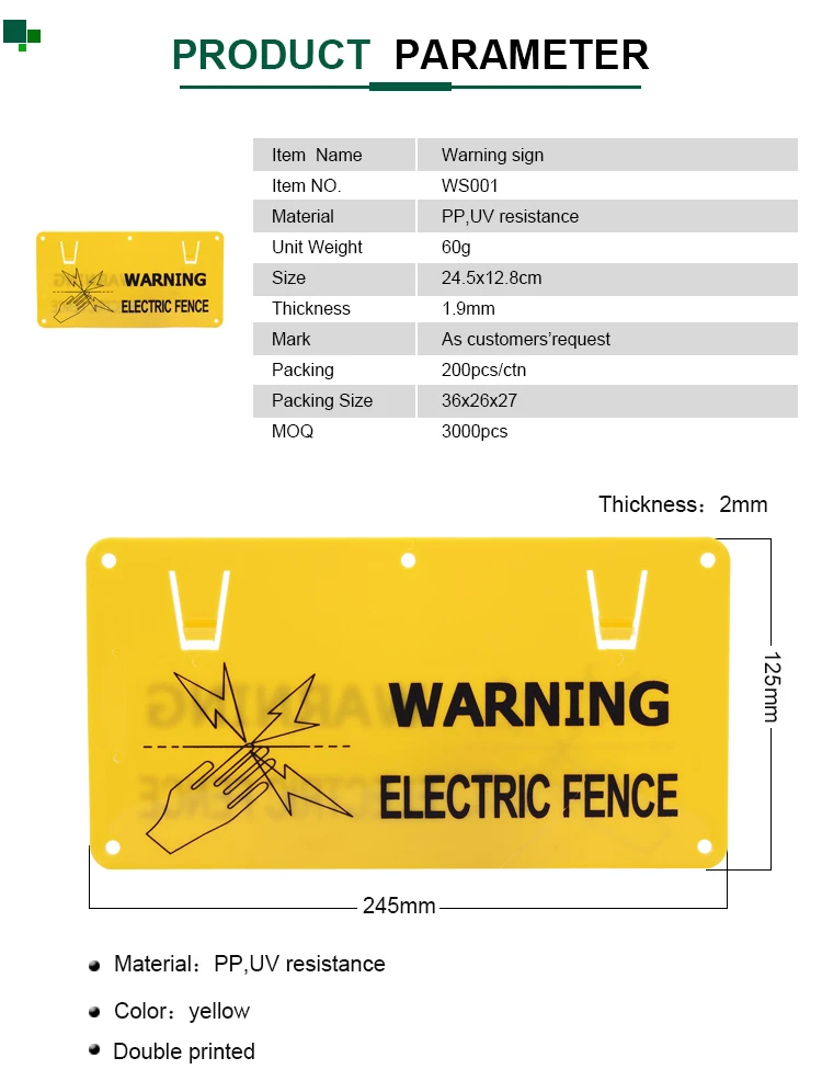 Customized Plastic Safety Caution Warning Sign for Electric Fence Energizer