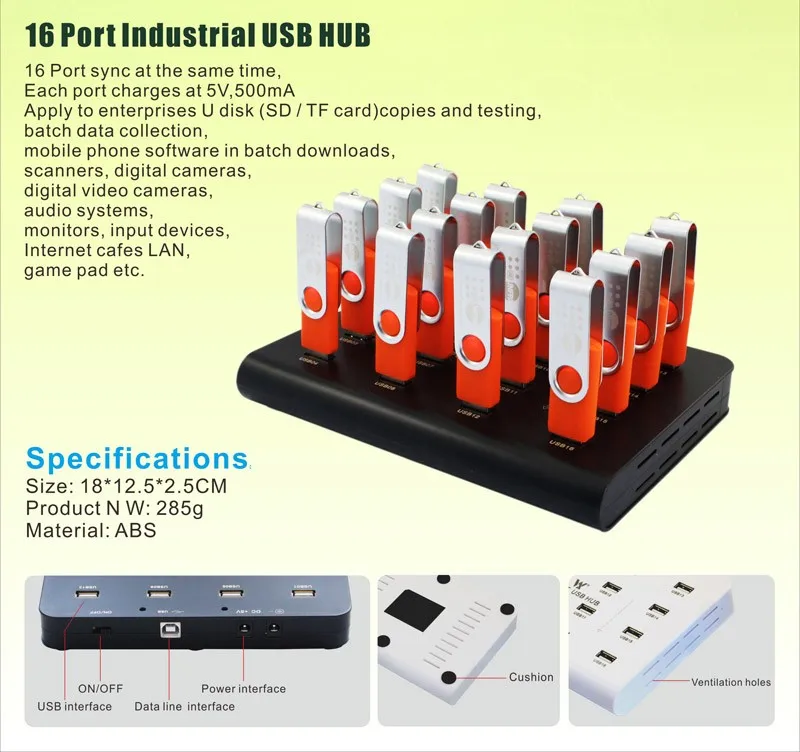 16 Port USB Hub - High-Speed Data Sync & Charging Solution
