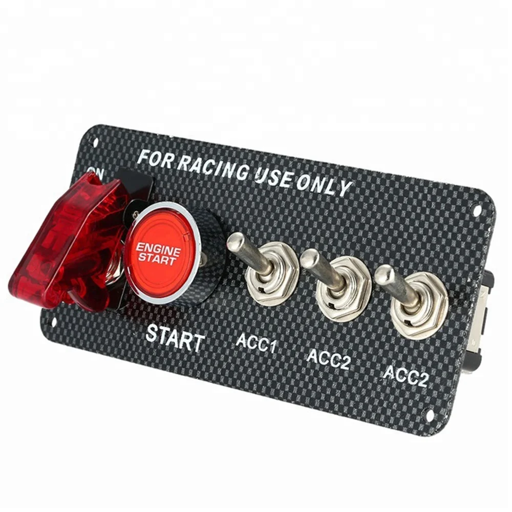 12v carton fiber Engine Start Red Led Push Button 3 Toggle Panel race ...