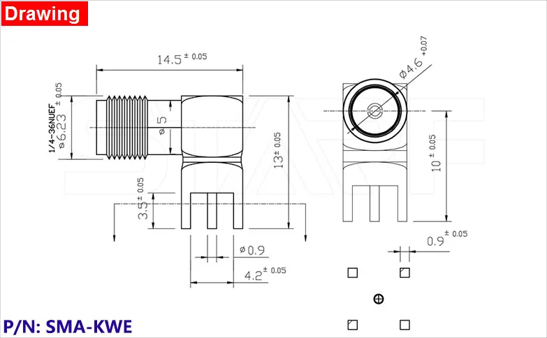 Waterproof SMA Connector - Right Angle PCB Mount